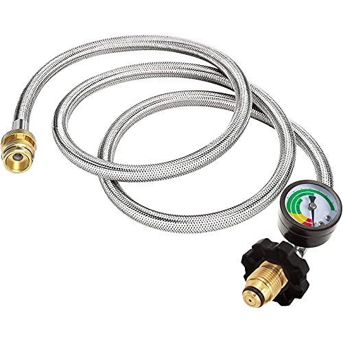 MOFLAME 1 lb. to 20 lbs. Propane Adapter Hose Conveter With Fuel Gauge,6FT Stainless Braided Propane Hose Adapter Converter 1 lb Protable Appliance.Heater.Camping Stove to 5-100lb POL LP Tank.