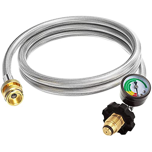 MOFLAME 1 lb. to 20 lbs. Propane Adapter Hose Conveter With Fuel Gauge,6FT Stainless Braided Propane Hose Adapter Converter 1 lb Protable Appliance.Heater.Camping Stove to 5-100lb POL LP Tank.