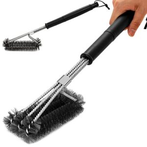 nexcover bbq grill brush – 18” barbecue cleaning brush, stainless steel grill grate cleaner, safe wire scrubber, 3 in 1 bristles bbq brush, triple-headed bbq tools, grill accessories for grill grates