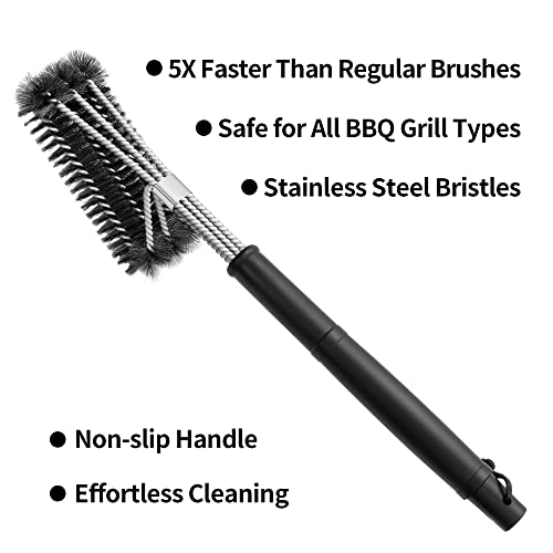 NEXCOVER BBQ Grill Brush – 18” Barbecue Cleaning Brush, Stainless Steel Grill Grate Cleaner, Safe Wire Scrubber, 3 in 1 Bristles BBQ Brush, Triple-Headed BBQ Tools, Grill Accessories for Grill Grates