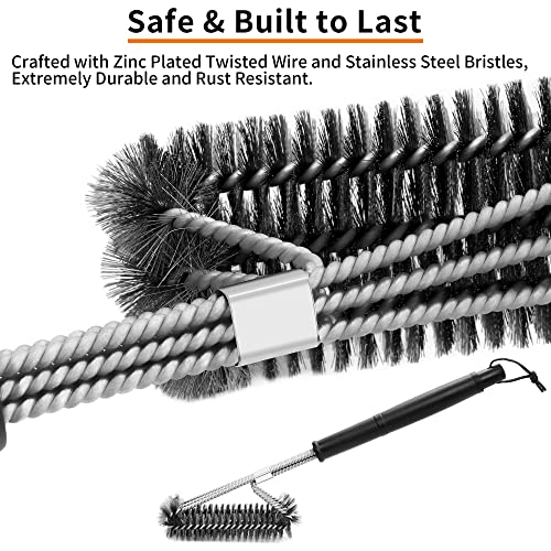 NEXCOVER BBQ Grill Brush – 18” Barbecue Cleaning Brush, Stainless Steel Grill Grate Cleaner, Safe Wire Scrubber, 3 in 1 Bristles BBQ Brush, Triple-Headed BBQ Tools, Grill Accessories for Grill Grates