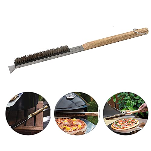 Pizza Oven Brush, Barbecue Grill Brush and Scraper, Extended Large Wooden Handle, Portable Pizza Oven Accessories BBQ Grill Long Handle Stone Cleaner