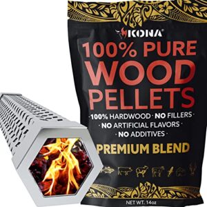 kona wood smoker tube & smoking pellets set - hot & cold smoke for charcoal, electric, gas & all bbq grills - stainless steel 12 inch hexagon & 14 ounces of premium blend hardwood