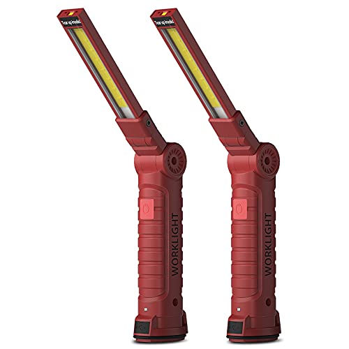 Rechargeable Flashlights, Coquimbo LED Work Lights with Magnetic Base 5 Modes 360° Rotate, Tool Gifts for Men, Dad, Husband, Handyman﻿ (2 Pack, Red)