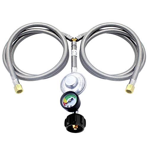 MCAMPAS Low Pressure Propane Regulator Adapter with Tank Gauge Level Indicator .5Feet Y-Splitter Stainless Braided Hose to 3/8" Female Flare Fitting for Most LPG Gas Grill, Heater and Fire Pit Table