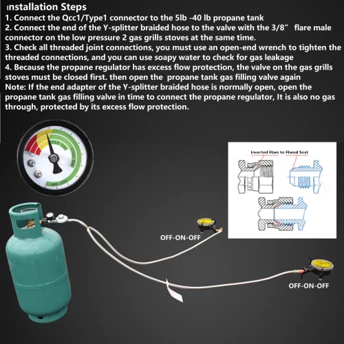 MCAMPAS Low Pressure Propane Regulator Adapter with Tank Gauge Level Indicator .5Feet Y-Splitter Stainless Braided Hose to 3/8" Female Flare Fitting for Most LPG Gas Grill, Heater and Fire Pit Table