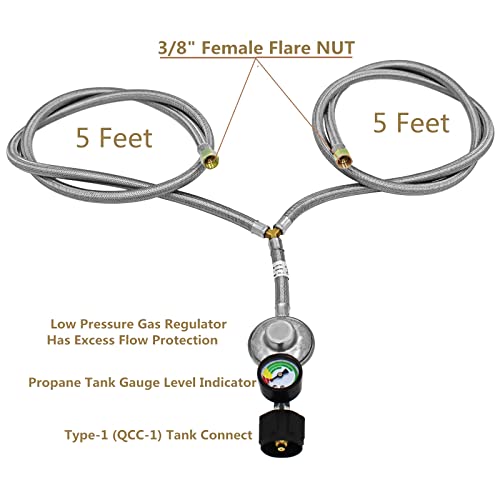 MCAMPAS Low Pressure Propane Regulator Adapter with Tank Gauge Level Indicator .5Feet Y-Splitter Stainless Braided Hose to 3/8" Female Flare Fitting for Most LPG Gas Grill, Heater and Fire Pit Table