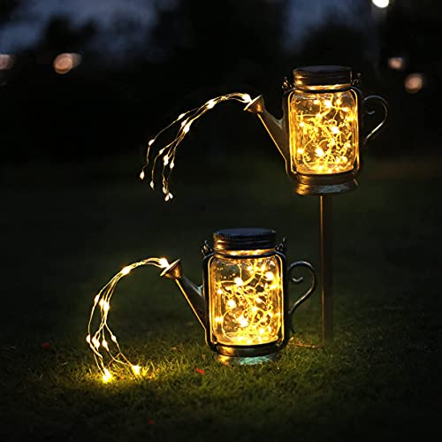 Yeuago 2 Pack Outdoor Ground Plug Solar Lights Mason Jar Solar Lights, Watering Can Lights with 45 LED String Lights and Ground Plugs for Garden Patio Terrace Walkway Garden Party Decor Gifts