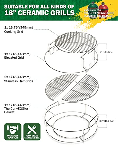 BBQ Expander Rack Kit, Big Green Egg Grill Accessories Large - Includes 2-Piece Multi-Function Rack, 1-Piece Conveggtor Basket, 2 Half-Moon Grids, Heavy-Duty Stainless