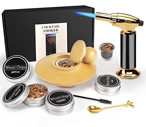 Cocktail Smoker Kit, Old Fashioned Kit for Whisky Bourbon, with Torch - Four Flavors Smoking Wood Chips, Drink Smoker Infuser Kit , Bar Set, Gifts for Him/Father/Husband/Friends（no Butane