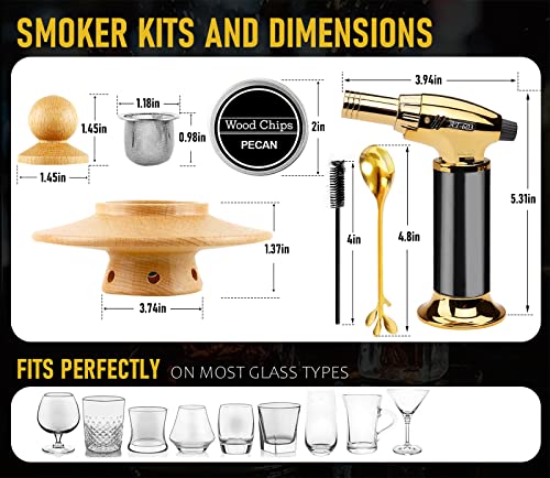 Cocktail Smoker Kit, Old Fashioned Kit for Whisky Bourbon, with Torch - Four Flavors Smoking Wood Chips, Drink Smoker Infuser Kit , Bar Set, Gifts for Him/Father/Husband/Friends（no Butane