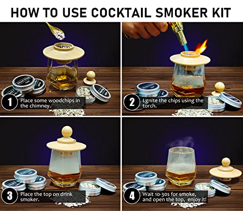 Cocktail Smoker Kit, Old Fashioned Kit for Whisky Bourbon, with Torch - Four Flavors Smoking Wood Chips, Drink Smoker Infuser Kit , Bar Set, Gifts for Him/Father/Husband/Friends（no Butane