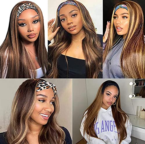 AnglesBeauty Headband Wig for Women 24 Inch Black/Brown Long Highlights Straight Headband Wig, Premium Syntheric Headband Wig Natural Glueless None Lace Front Wigs with Headbands & Wig Caps (24 Inch, Black/Brown)