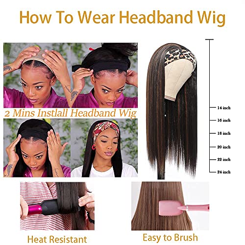 AnglesBeauty Headband Wig for Women 24 Inch Black/Brown Long Highlights Straight Headband Wig, Premium Syntheric Headband Wig Natural Glueless None Lace Front Wigs with Headbands & Wig Caps (24 Inch, Black/Brown)