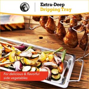 Mountain Grillers Chicken Leg Rack for Grill - Hold Up 12 Legs, Chicken Wings, Thighs, Drumsticks, BBQ Grill Chicken Rack with A Locking Mechanism & Deep Drip Tray for Smoker Premium Stainless Steel