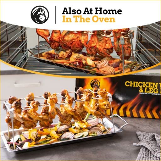 Mountain Grillers Chicken Leg Rack for Grill - Hold Up 12 Legs, Chicken Wings, Thighs, Drumsticks, BBQ Grill Chicken Rack with A Locking Mechanism & Deep Drip Tray for Smoker Premium Stainless Steel