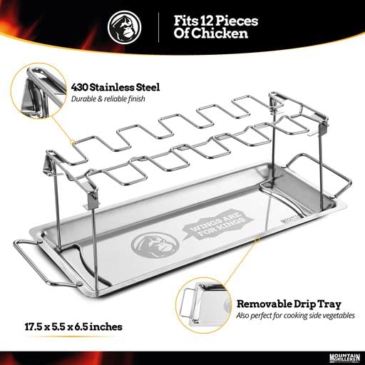 Mountain Grillers Chicken Leg Rack for Grill - Hold Up 12 Legs, Chicken Wings, Thighs, Drumsticks, BBQ Grill Chicken Rack with A Locking Mechanism & Deep Drip Tray for Smoker Premium Stainless Steel