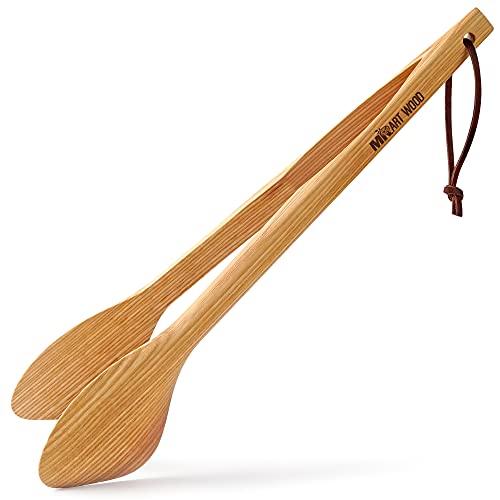 Mr.Art Wood Burger Wooden BBQ 15" Tongs - Made in Europe, Natural Ash Wood – Ergonomic Design for Comfortable Grip, Heatproof Leather Loop, Perfect Tongs for Buns, Steaks and Grill