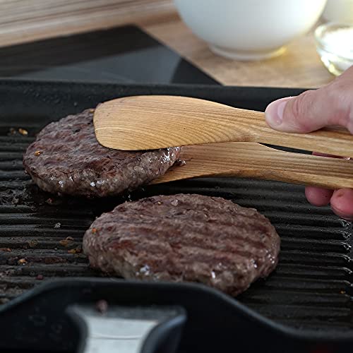 Mr.Art Wood Burger Wooden BBQ 15" Tongs - Made in Europe, Natural Ash Wood – Ergonomic Design for Comfortable Grip, Heatproof Leather Loop, Perfect Tongs for Buns, Steaks and Grill