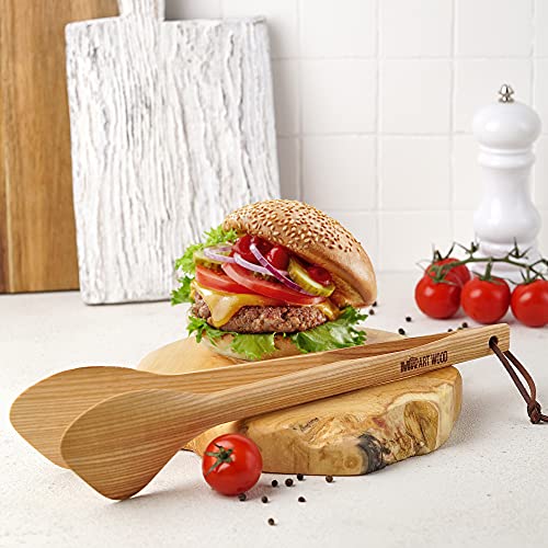 Mr.Art Wood Burger Wooden BBQ 15" Tongs - Made in Europe, Natural Ash Wood – Ergonomic Design for Comfortable Grip, Heatproof Leather Loop, Perfect Tongs for Buns, Steaks and Grill