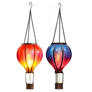 teresa's collections 2 pack 18 inch hanging solar lantern outdoor garden decor, waterproof hot air balloon flame effect lantern decorative flickering solar lights for lawn porch tree yard decorations