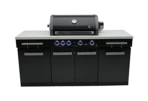 Mont Alpi MA-957 5-Burner 63000 BTU Black Stainless Steel Outdoor Kitchen Bar Gas Island Grill w/ Infrared Rear Burner + Rotisserie Kit + Granite Countertop + Storage Cabinets & Full Weather Cover