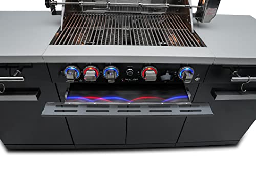 Mont Alpi MA-957 5-Burner 63000 BTU Black Stainless Steel Outdoor Kitchen Bar Gas Island Grill w/ Infrared Rear Burner + Rotisserie Kit + Granite Countertop + Storage Cabinets & Full Weather Cover