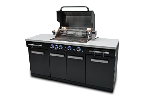 Mont Alpi MA-957 5-Burner 63000 BTU Black Stainless Steel Outdoor Kitchen Bar Gas Island Grill w/ Infrared Rear Burner + Rotisserie Kit + Granite Countertop + Storage Cabinets & Full Weather Cover