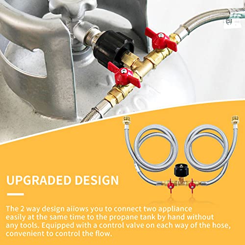 MENSI Upgrade 5 Feet 2 Way Y Splitter CGA Propane Tank Converter Adapter Braided Stainless Hose Assembly Replacement for QCC1 / Type1 20lbs Gas Tank for Camping Grill Stove