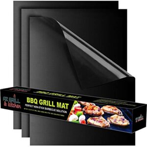 Grill mat Set of 3 - Non Stick BBQ Grill Sheets Reusable - Grill Pads Nonstick - Baking Grilling Mats compatible with Charcoal Gas Weber Charbroil Traeger Grills - Outdoor Barbecue Accessories Black