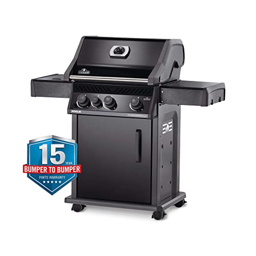 Napoleon Rogue 425 BBQ Grill, Black, Propane Gas - R425SBPK-1-OB - With Three Burners and Range Gas Side Burner, Barbecue Gas Cart, Folding Sideshelves, Instant Failsafe Ignition