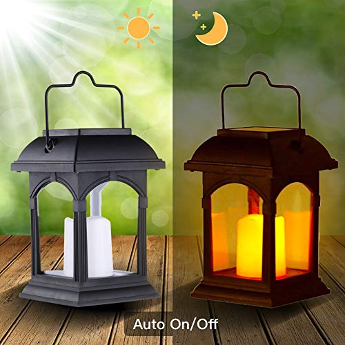 Clihere Solar Lantern Lights,Waterproof Hanging Solar Lanterns Flickering Retro Candle Effect Hanging Lights Solar Outdoor Decoration Lighting Solar Powered Auto On/Off for Garden,Yard, Patio (2 Pack)