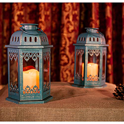 SteadyDoggie Solar Lanterns 2 Pack Blue - Hanging Solar Lights with Flickering Candle LED - Retro Ornate Hanging Solar Lantern with Handle