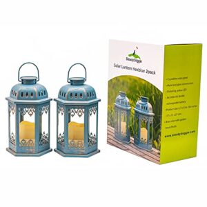 SteadyDoggie Solar Lanterns 2 Pack Blue - Hanging Solar Lights with Flickering Candle LED - Retro Ornate Hanging Solar Lantern with Handle