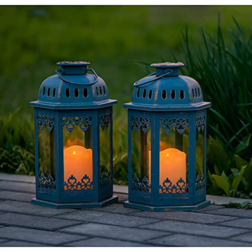 SteadyDoggie Solar Lanterns 2 Pack Blue - Hanging Solar Lights with Flickering Candle LED - Retro Ornate Hanging Solar Lantern with Handle