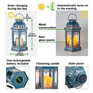 SteadyDoggie Solar Lanterns 2 Pack Blue - Hanging Solar Lights with Flickering Candle LED - Retro Ornate Hanging Solar Lantern with Handle