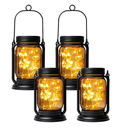 EVERMORE Solar Lantern Outdoor Hanging Mason Jar Lights 4 Packs with 30 LED Lights with Angel Pattern Waterproof Retro Design Decor for Garden Patio Lawn Yard