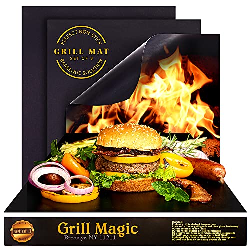 Grill Magic BBQ Grill Mat Set of 3-100% Nonstick Large Grilling Sheets - Heavy Duty Cooking Mats for Outdoor Grill Charcoal, Gas or Electric - Reusable, Extra Thick and Easy to Clean - 15.75 x 13