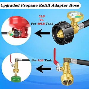 Upgraded Propane Refill Adapter Hose with Gauge and ON/Off Valve, 36" Propane Extension Refill Hose Kit, 1LB Propane Filling Hose Set with 1 LB Propane Bottle Cap, Roll Sealing Tape (Rubber)