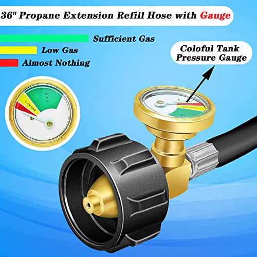 Upgraded Propane Refill Adapter Hose with Gauge and ON/Off Valve, 36" Propane Extension Refill Hose Kit, 1LB Propane Filling Hose Set with 1 LB Propane Bottle Cap, Roll Sealing Tape (Rubber)