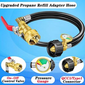 Upgraded Propane Refill Adapter Hose with Gauge and ON/Off Valve, 36" Propane Extension Refill Hose Kit, 1LB Propane Filling Hose Set with 1 LB Propane Bottle Cap, Roll Sealing Tape (Rubber)