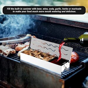 Skyflame Stainless Steel Smoker Box with Canister Can, Double V-Shape BBQ Wood Chips Smoky Box Designed by Wavy Vent and Hinged Lid, 12” Compact Size for Gas/Charcoal Grill Kebob Smoky Grilling