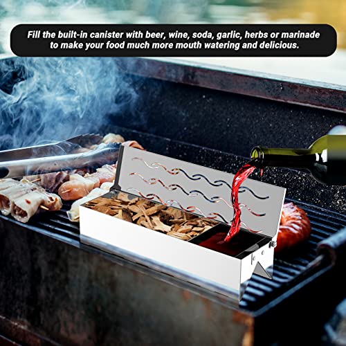 Skyflame Stainless Steel Smoker Box with Canister Can, Double V-Shape BBQ Wood Chips Smoky Box Designed by Wavy Vent and Hinged Lid, 12” Compact Size for Gas/Charcoal Grill Kebob Smoky Grilling