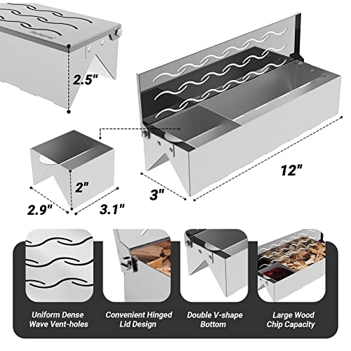 Skyflame Stainless Steel Smoker Box with Canister Can, Double V-Shape BBQ Wood Chips Smoky Box Designed by Wavy Vent and Hinged Lid, 12” Compact Size for Gas/Charcoal Grill Kebob Smoky Grilling