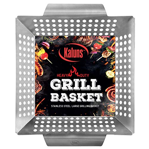 Kaluns Grill Basket, Best Grilling Basket for Vegetables and Shrimp, Stainless Steel Material, Fits Most Grills, Great for BBQ or Oven Use, BBQ Accessories