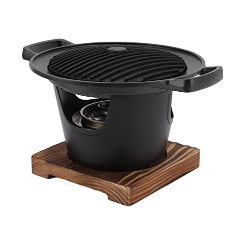 Charcoal Grill, Portable Charcoal Grill Japanese Hibachi Grill with Wooden Base, 8.46 X 6.89 X 5.31in Portable Grill Smokeless Cast Iron Hibachi Grill Yakiniku Grill for BBQ