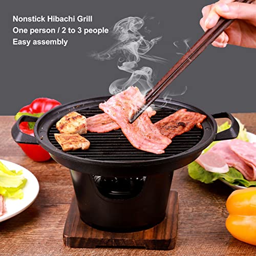 Charcoal Grill, Portable Charcoal Grill Japanese Hibachi Grill with Wooden Base, 8.46 X 6.89 X 5.31in Portable Grill Smokeless Cast Iron Hibachi Grill Yakiniku Grill for BBQ