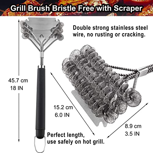 GRILLJOY 18inch Grill Cleaning Brush Bristle Free - Ideal BBQ Grill Accessories Gift for Christmas - Safe BBQ Cleaning Grill Brush with Extra Wide Scraper - BBQ Brush for Gas/Charcoal/Porcelain Grill