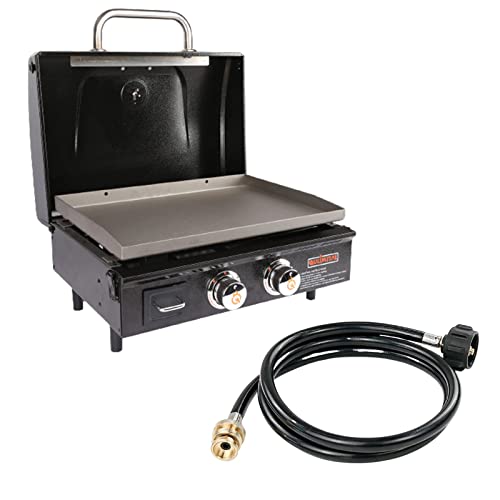 QuliMetal 5 Feet Propane Adapter Hose and Portable Table Top Griddle, 22 Inch 2-Burner Propane Gas Flat Top Grill with Hood, 24,000 BTUs Camping Grill with Carry Bag