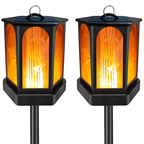 Solar Lantern Christmas Decorations Lights Dancing Flame, 2 Pack Waterproof Outdoor Hanging Lanterns for Patio Wall Hanging Garden Light Auto On/Off Landscape LED Path Light Garden Accessories